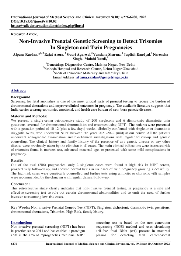 (PDF) Non-Invasive Prenatal Genetic Screening to Detect Trisomies In ...