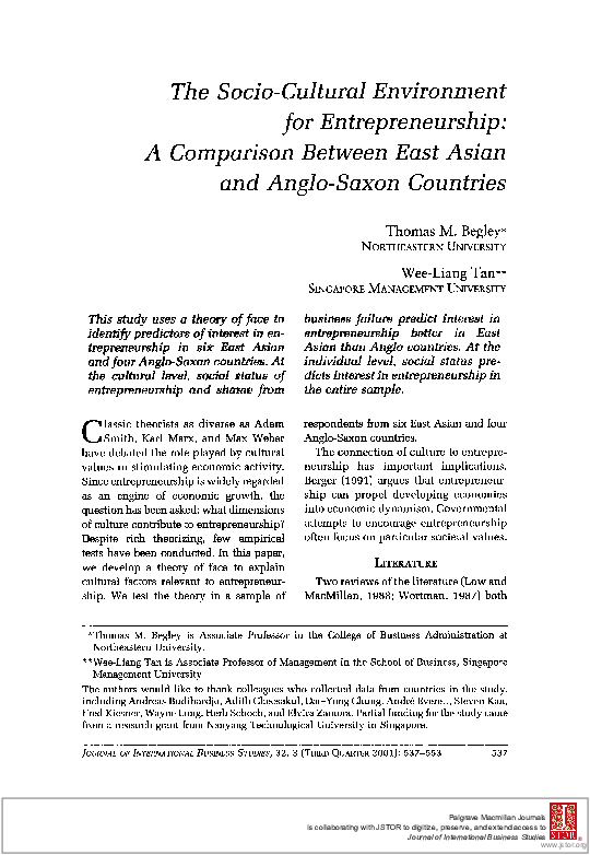 (PDF) The Socio-Cultural Environment for Entrepreneurship: A Comparison ...