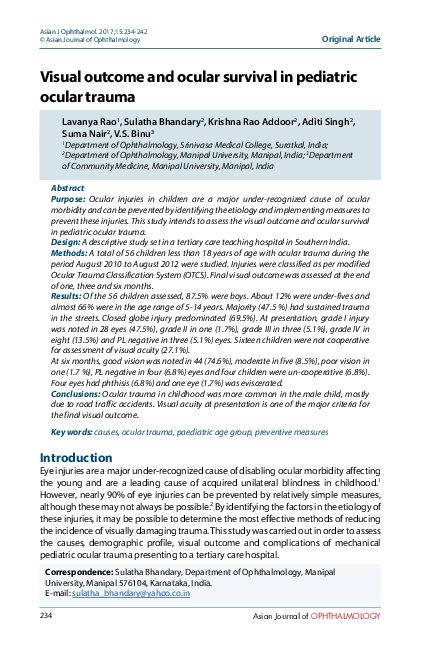 (PDF) Visual outcome and ocular survival in pediatric ocular trauma