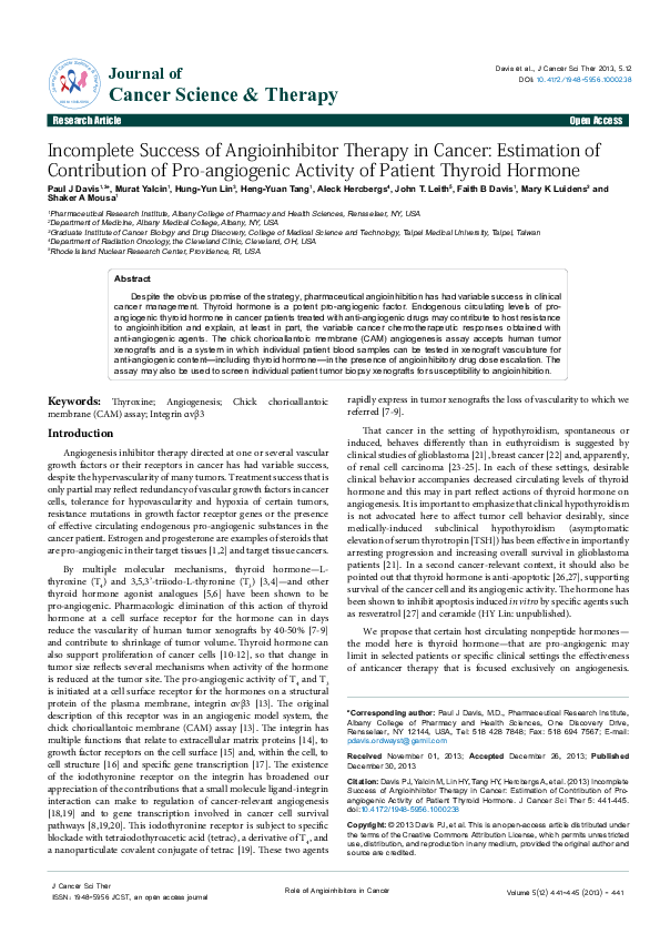 (PDF) Incomplete Success of Angioinhibitor Therapy in Cancer ...