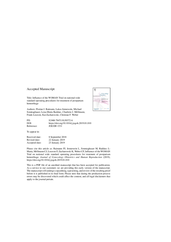 (PDF) Influence of the WOMAN trial on national wide standard operating ...