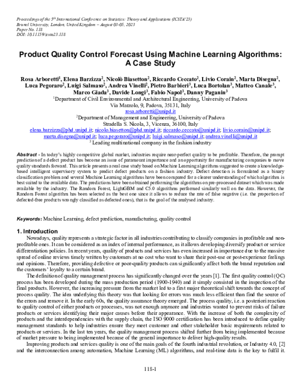 (PDF) Product Quality Control Forecast Using Machine Learning Algorithms: a Case Study