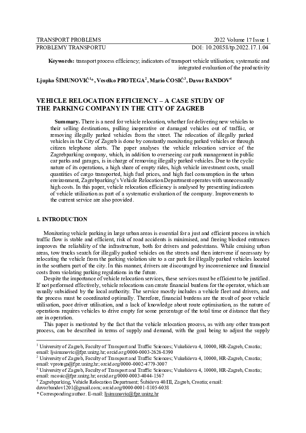 (PDF) Vehicle Relocation Efficiency – a Case Study of the Parking Company in the City of Zagreb