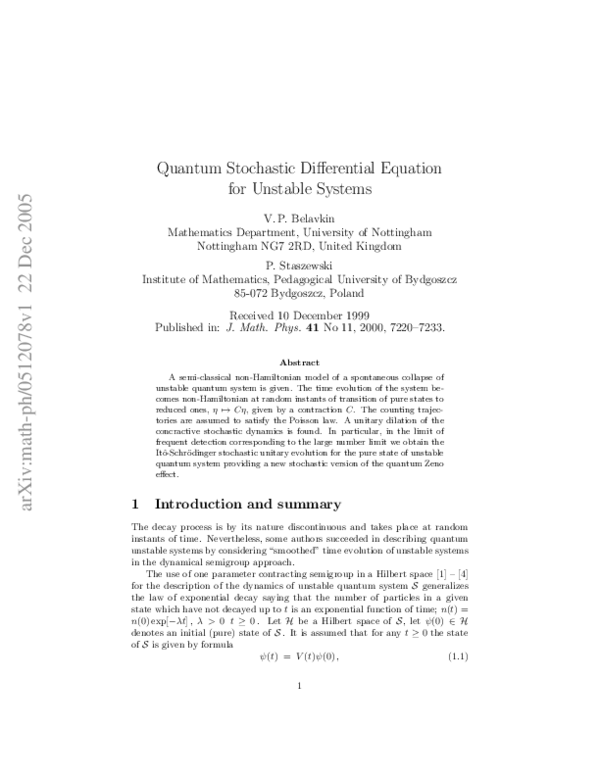 (PDF) Quantum stochastic differential equation for unstable systems