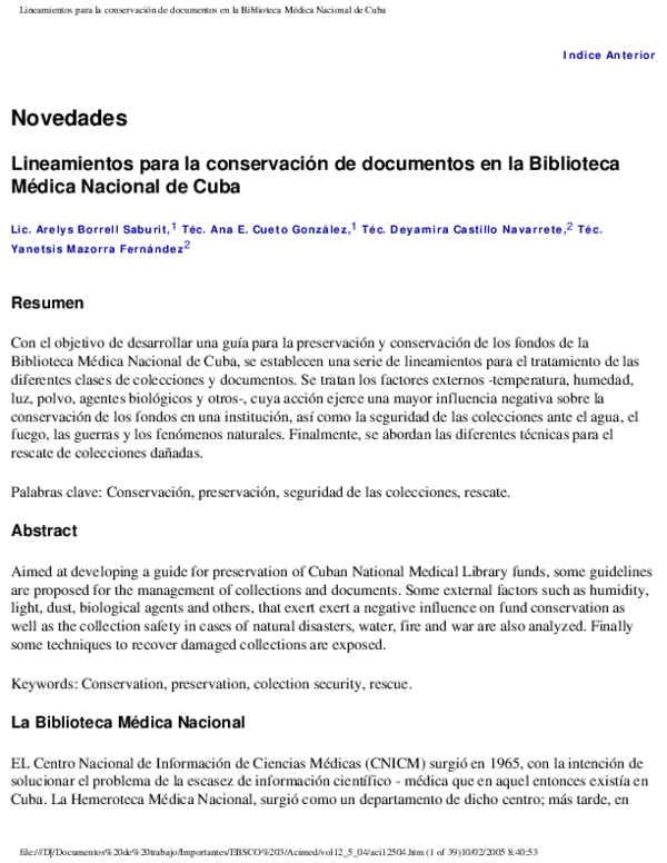 (PDF) Lineamientos para la conservación de documentos en la Biblioteca Médica Nacional de Cuba
