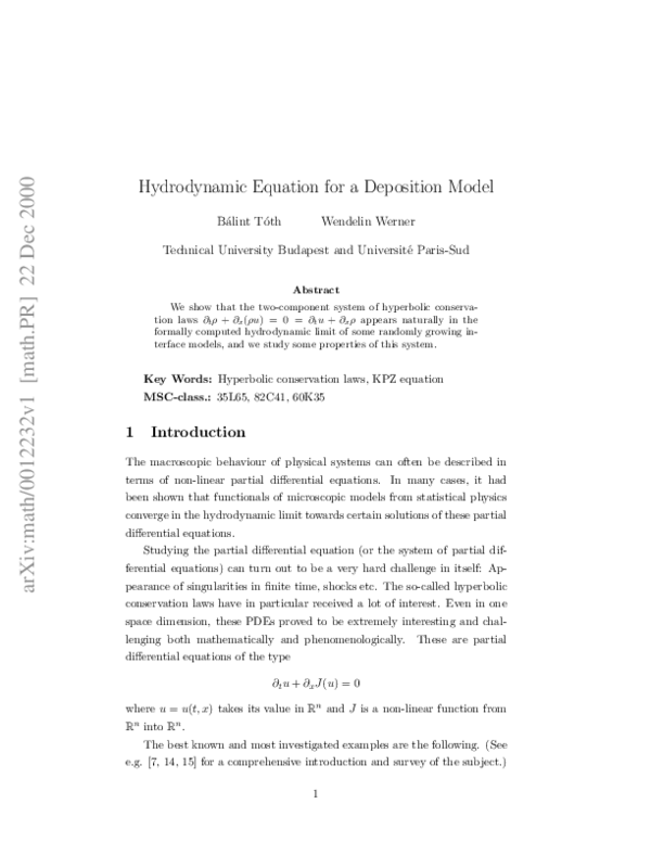 (PDF) Hydrodynamic equation for a deposition model