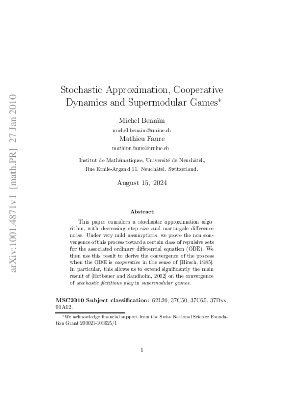 (PDF) Stochastic Approximation, Cooperative Dynamics and Supermodular Games
