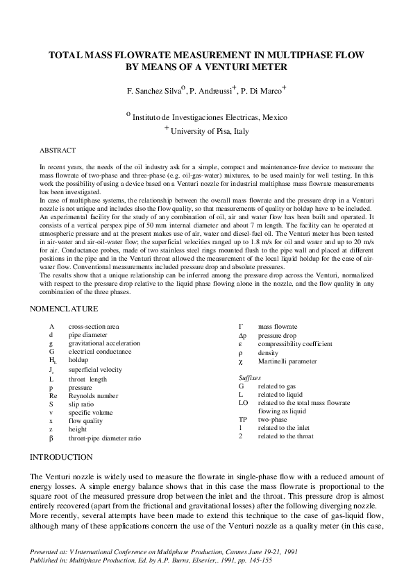 (PDF) Total mass flowrate measurement in multiphase flow by means of a Venturi flowmeter