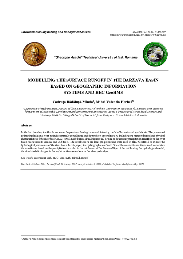 (PDF) MODELLING THE SURFACE RUNOFF IN THE BARZAVA BASIN BASED ON ...