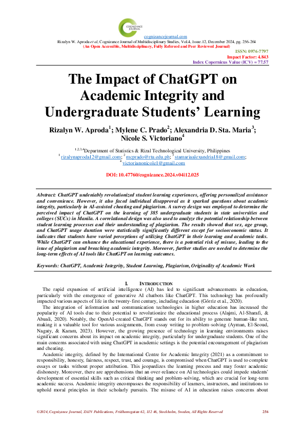(PDF) The Impact of ChatGPT on Academic Integrity and Undergraduate Students’ Learning