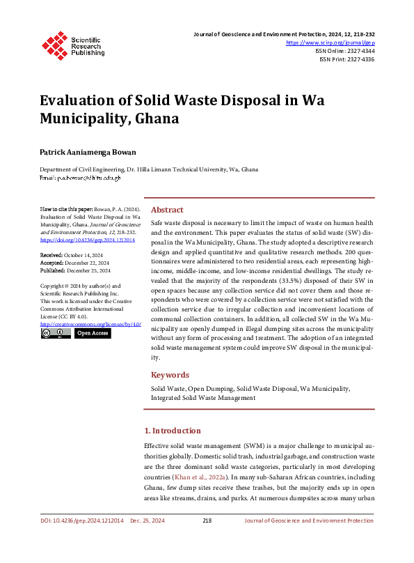 (PDF) Evaluation of Solid Waste Disposal in Wa Municipality, Ghana