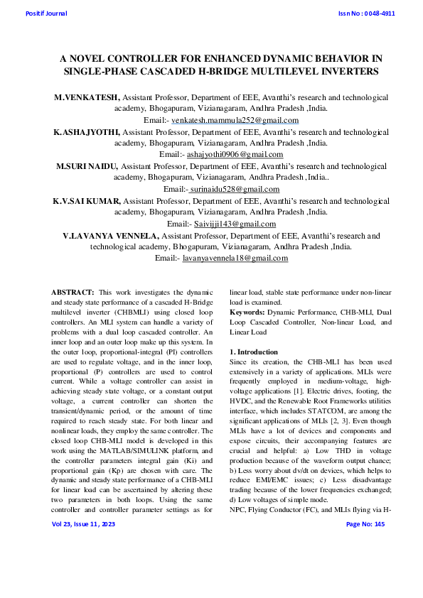 (PDF) A NOVEL CONTROLLER FOR ENHANCED DYNAMIC BEHAVIOR IN SINGLE-PHASE ...