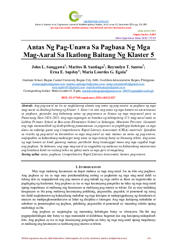 (PDF) Antas Ng Pag-Unawa Sa Pagbasa Ng Mga Mag-Aaral Sa Ikatlong ...