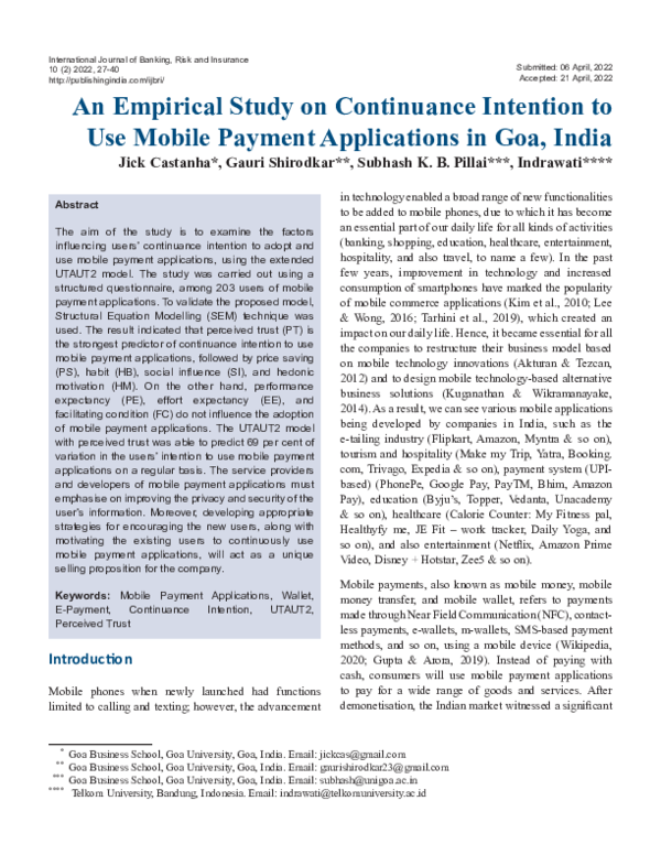 (PDF) An Empirical Study on Continuance Intention to Use Mobile Payment Applications in Goa, India