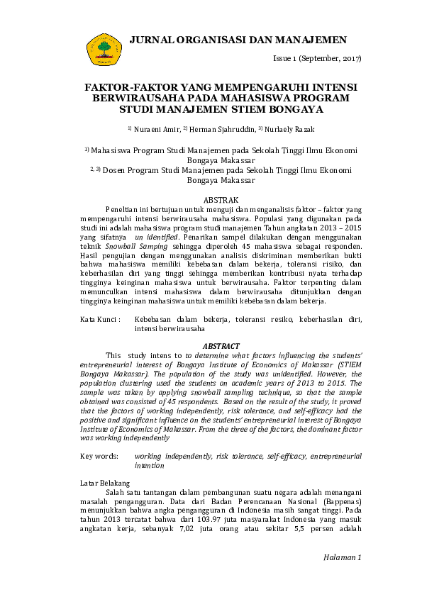 (PDF) Faktor-Faktor Yang Mempengaruhi Intensi Berwirausaha Pada Mahasiswa Program Studi ...