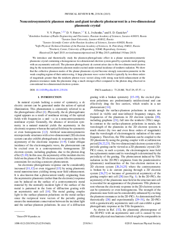 (PDF) Noncentrosymmetric plasmon modes and giant terahertz photocurrent in a two-dimensional ...