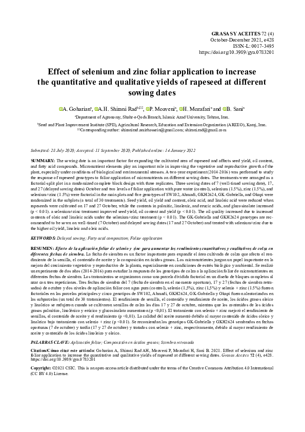 Pdf Effect Of Selenium And Zinc Foliar Application To Increase The