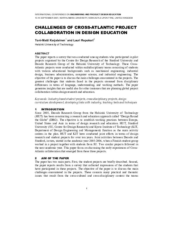 (PDF) Challenges of cross-Atlantic project collaboration in design ...