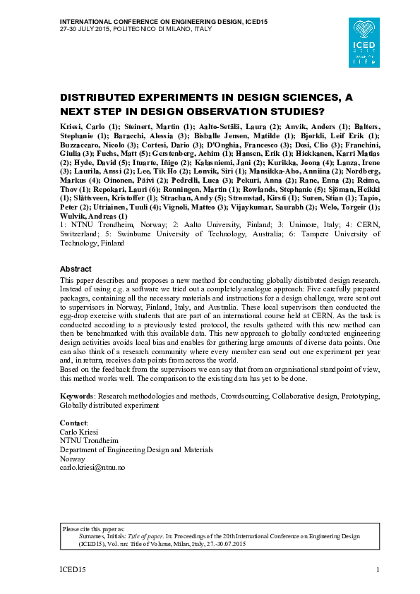 (PDF) Distributed Experiments in Design Sciences - A Next Step in Design Observation Studies ...