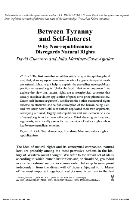 (PDF) Between Tyranny and Self Interest. Why Neo-republicanism ...
