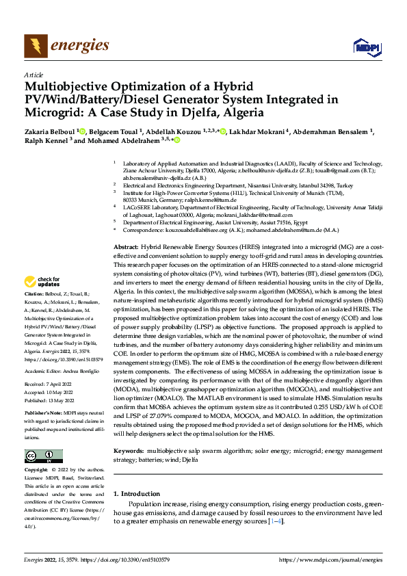 Pdf Multiobjective Optimization Of A Hybrid Pv Wind Battery Diesel