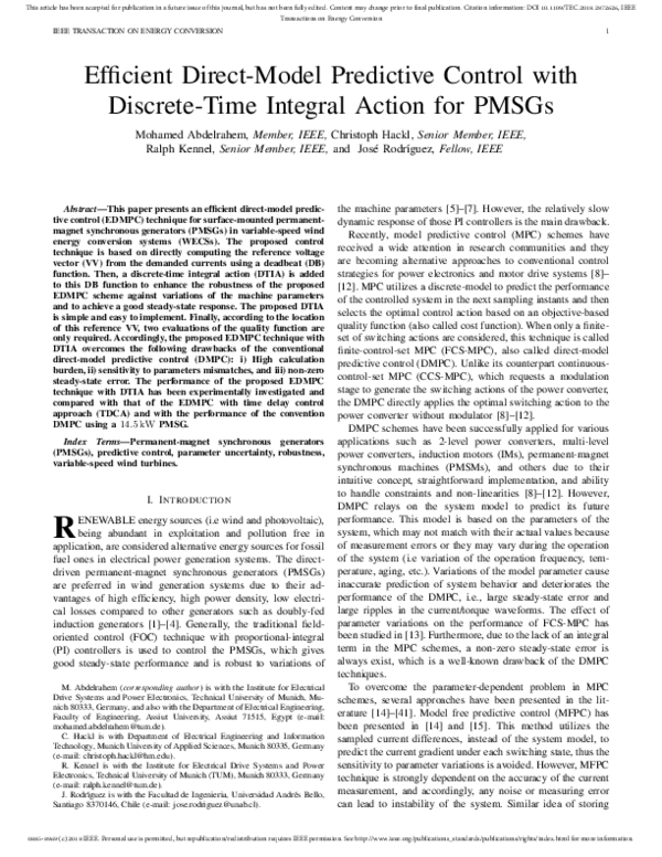(PDF) Efficient Direct-Model Predictive Control With Discrete-Time Integral Action for PMSGs