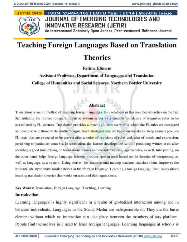 (PDF) JETIR2403886- Teaching Foreign Languages Based on Translation Theories | Fatima Elimam ...