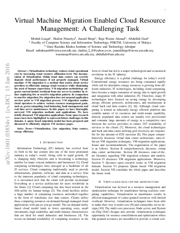 (PDF) Virtual Machine Migration Enabled Cloud Resource Management: A Challenging Task