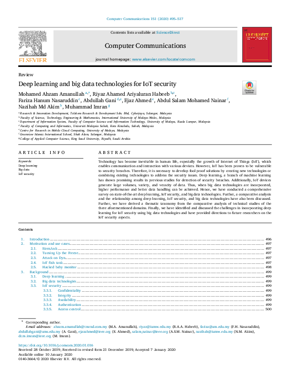 (PDF) Deep learning and big data technologies for IoT security
