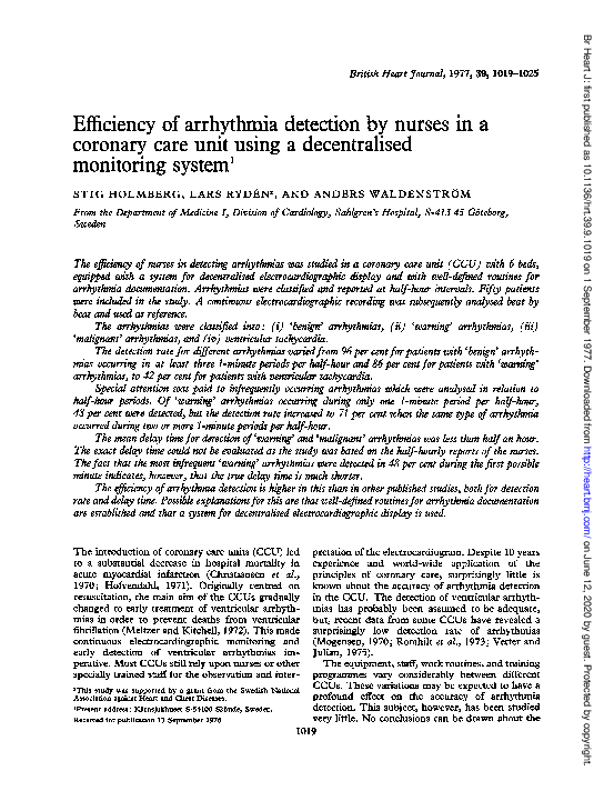(PDF) Efficiency of arrhythmia detection by nurses in a coronary care unit using a decentralised ...