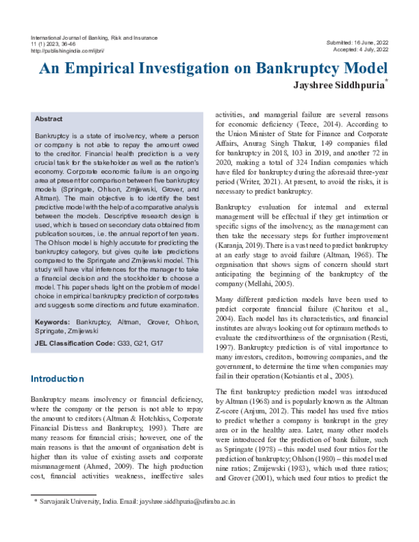 (PDF) An Empirical Investigation on Bankruptcy Model