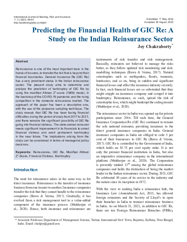 (PDF) Predicting the Financial Health of GIC Re: A Study on the Indian ...