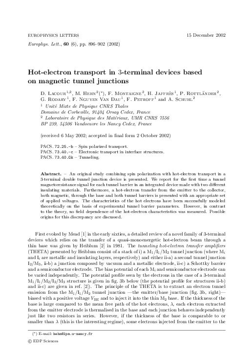 (PDF) Hot-electron transport in 3-terminal devices based on magnetic tunnel junctions