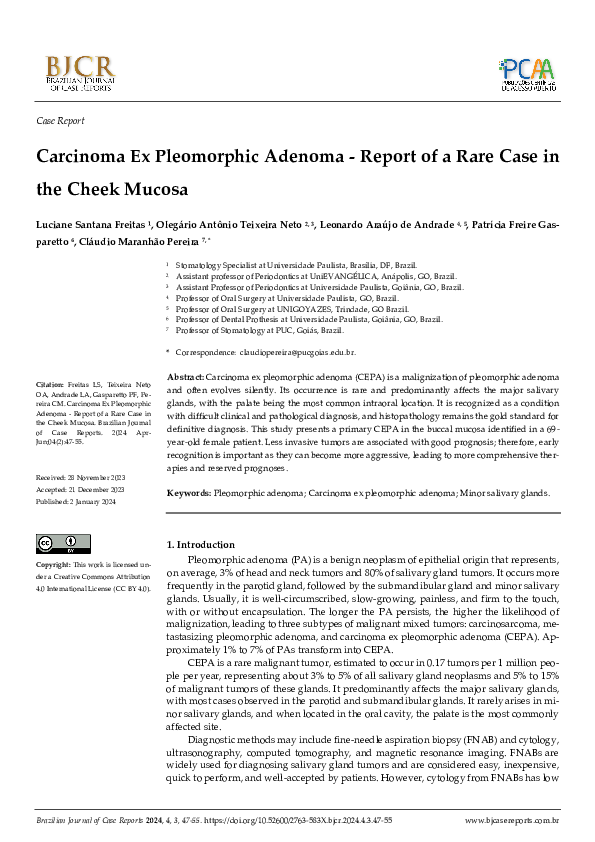 (PDF) Carcinoma Ex Pleomorphic Adenoma - Report of a Rare Case in the ...