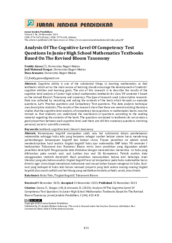 (PDF) Analysis Of The Cognitive Level Of Competency Test Questions In ...