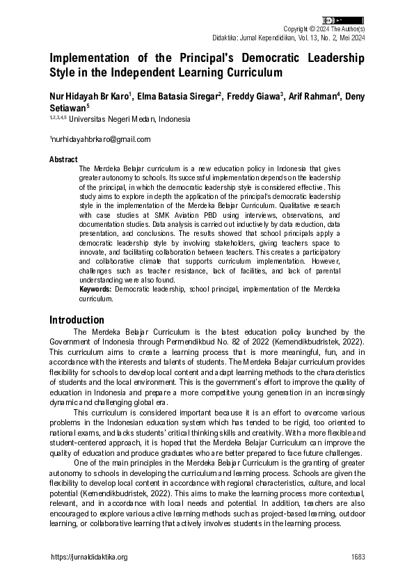 Implementation of the Principal's Democratic Leadership Style in the ...