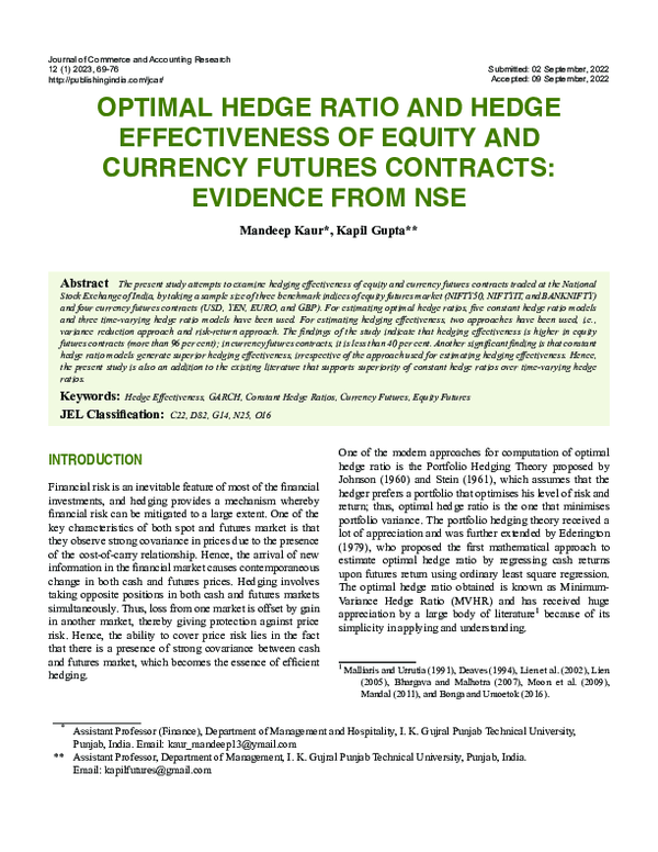 (PDF) Optimal Hedge Ratio and Hedge Effectiveness of Equity and ...