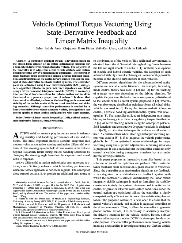 (PDF) Vehicle Optimal Torque Vectoring Using State-Derivative Feedback and Linear Matrix Inequality