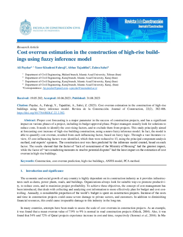 (PDF) Cost overrun estimation in the construction of high-rise buildings using fuzzy inference model