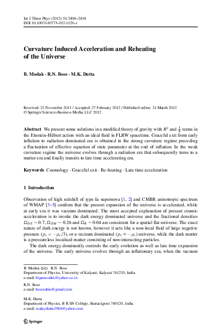 (PDF) Curvature Induced Acceleration and Reheating of the Universe