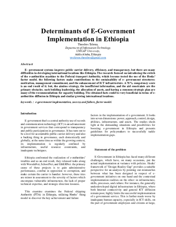 (PDF) Determinants of E-Government implementation in Ethiopia