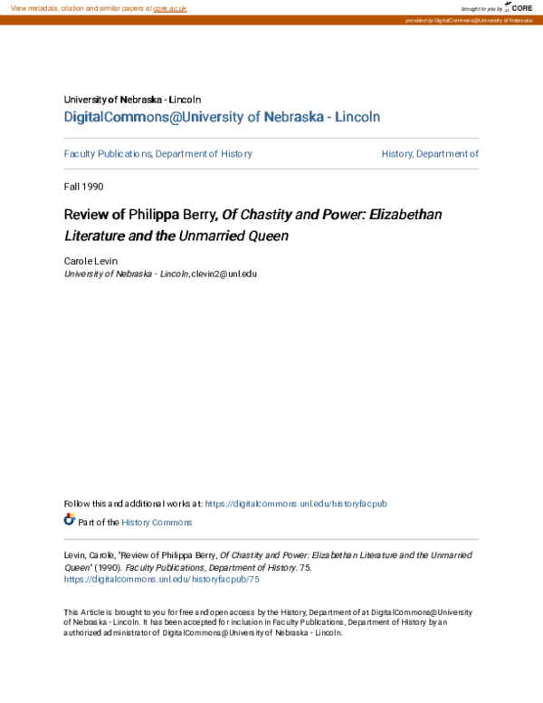 (PDF) Review of Philippa Berry, \u3ci\u3eOf Chastity and Power ...