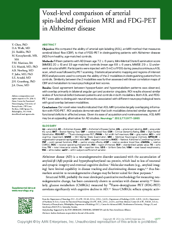 (PDF) Voxel-level comparison of arterial spin-labeled perfusion MRI and FDG-PET in Alzheimer ...