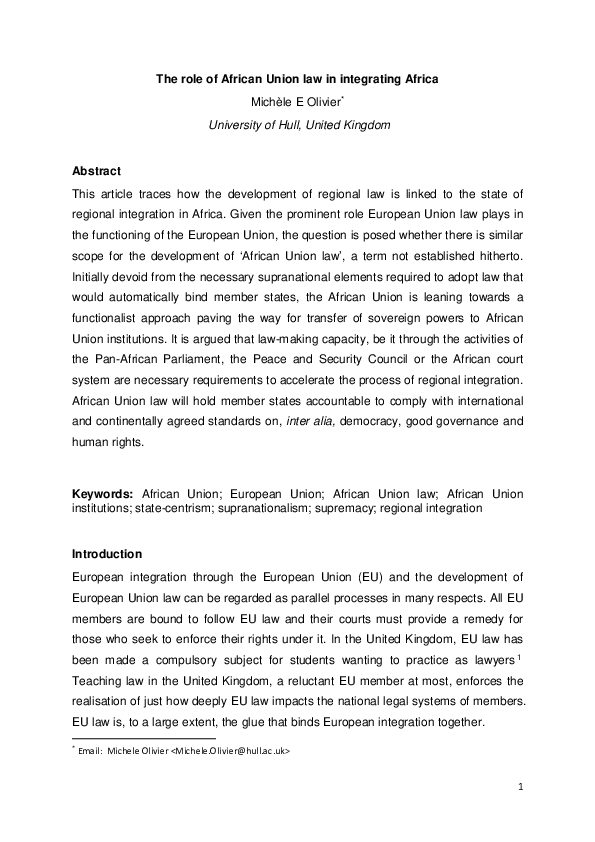 (PDF) The role of African Union law in integrating Africa