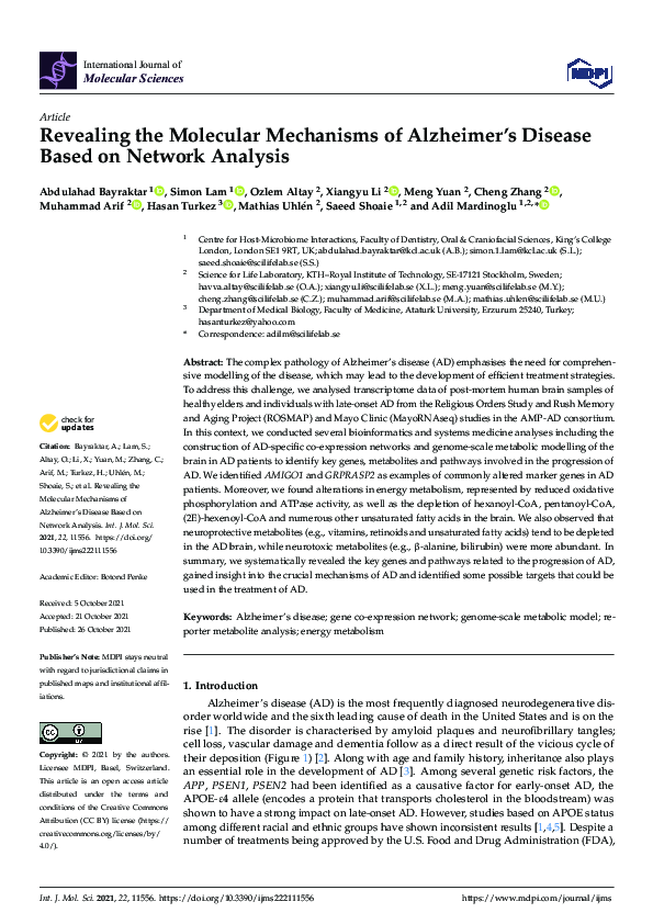 (PDF) Revealing the Molecular Mechanisms of Alzheimer’s Disease Based on Network Analysis
