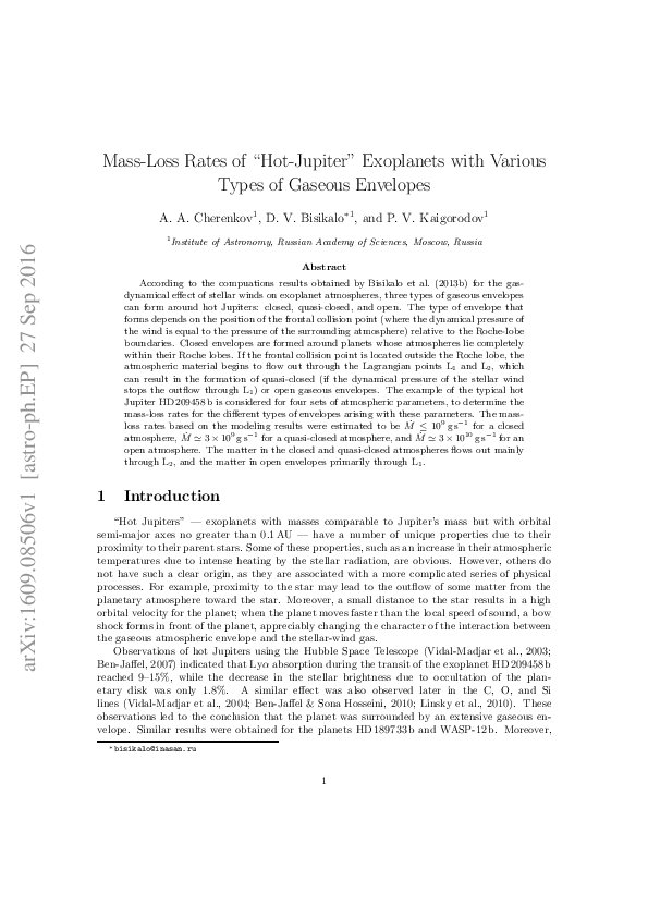 (PDF) Mass-loss rates of “hot-Jupiter” exoplanets with various types of ...