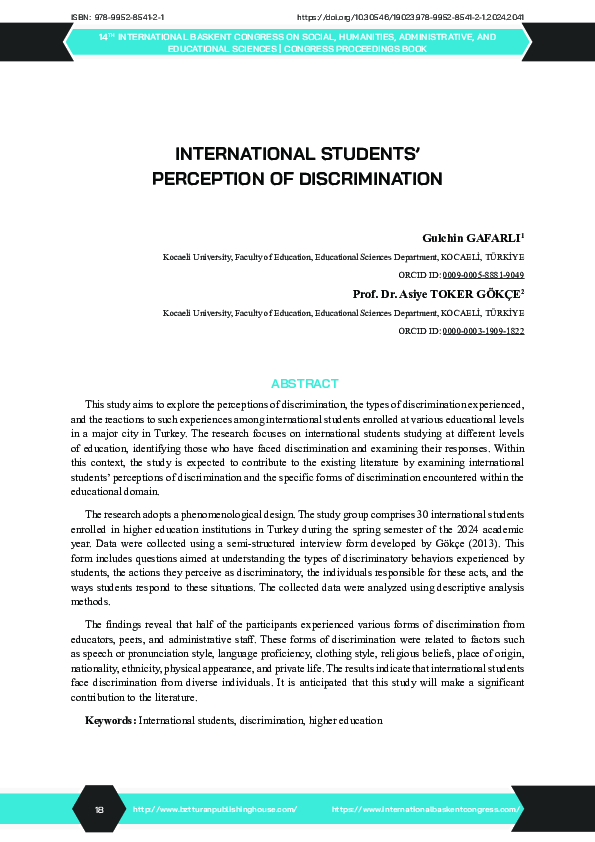 (PDF) ULUSLARARASI ÖĞRENCİLERİN AYRIMCILIK ALGISI / INTERNATIONAL STUDENTS’ PERCEPTION OF ...