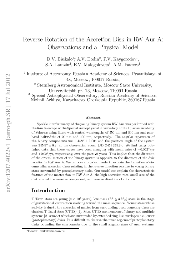 (PDF) Reverse rotation of the accretion disk in RW Aur A: Observations ...