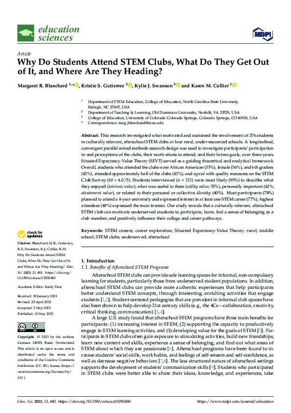 (PDF) Why Do Students Attend STEM Clubs, What Do They Get Out of It ...