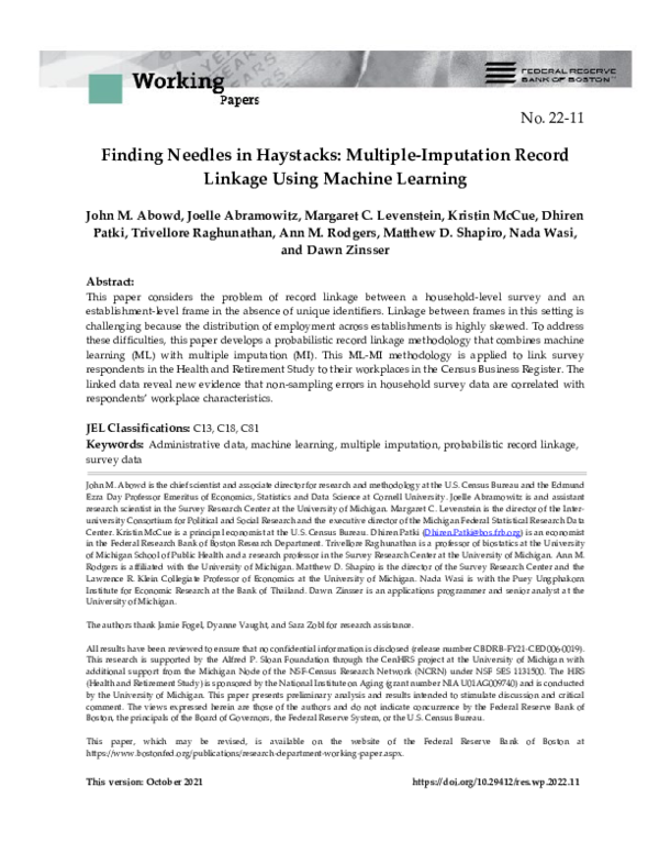 (PDF) Finding Needles in Haystacks: Multiple-Imputation Record Linkage Using Machine Learning